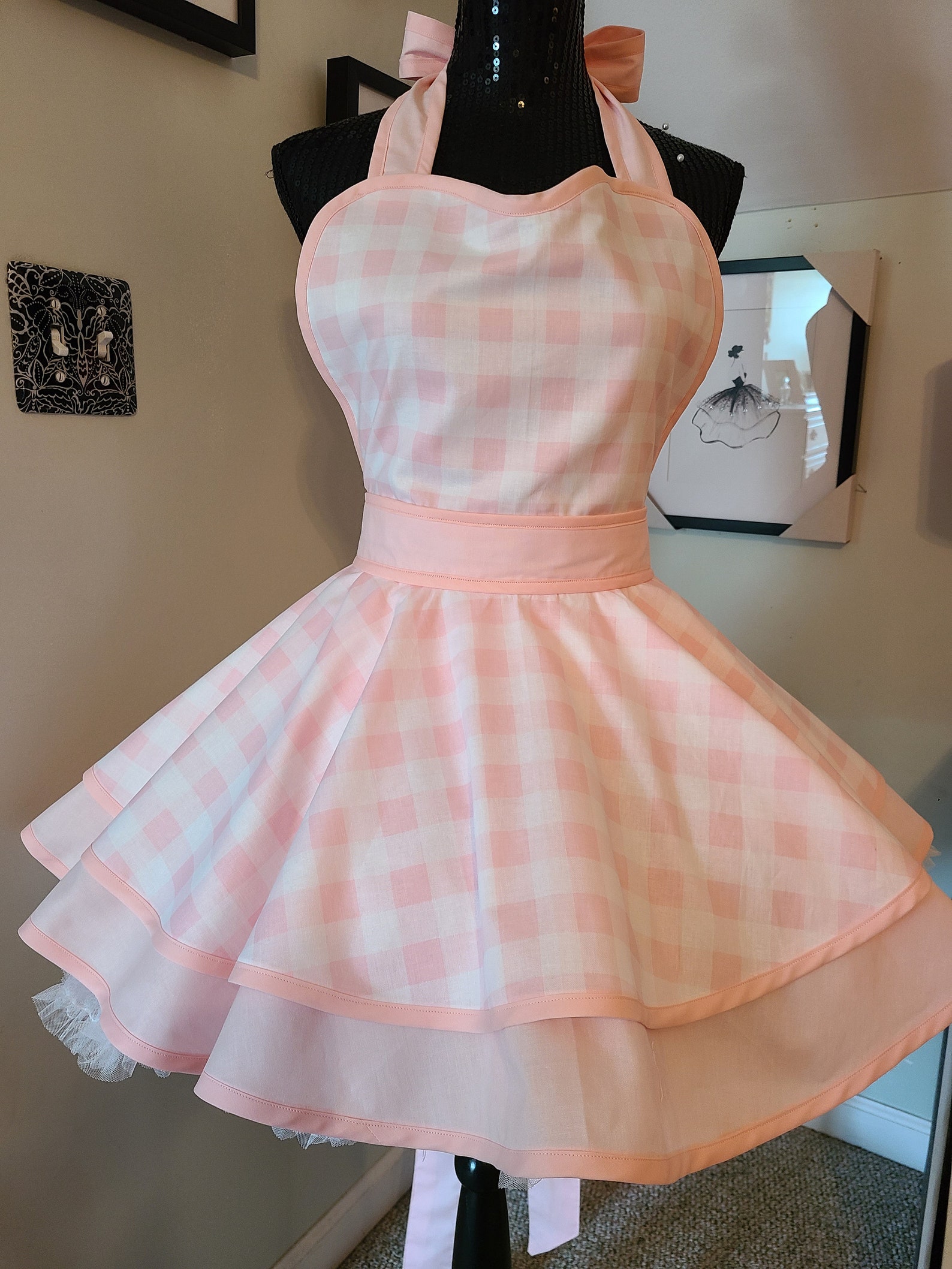 Retro Style Apron in Pale Pink and White Check With Matching | Etsy