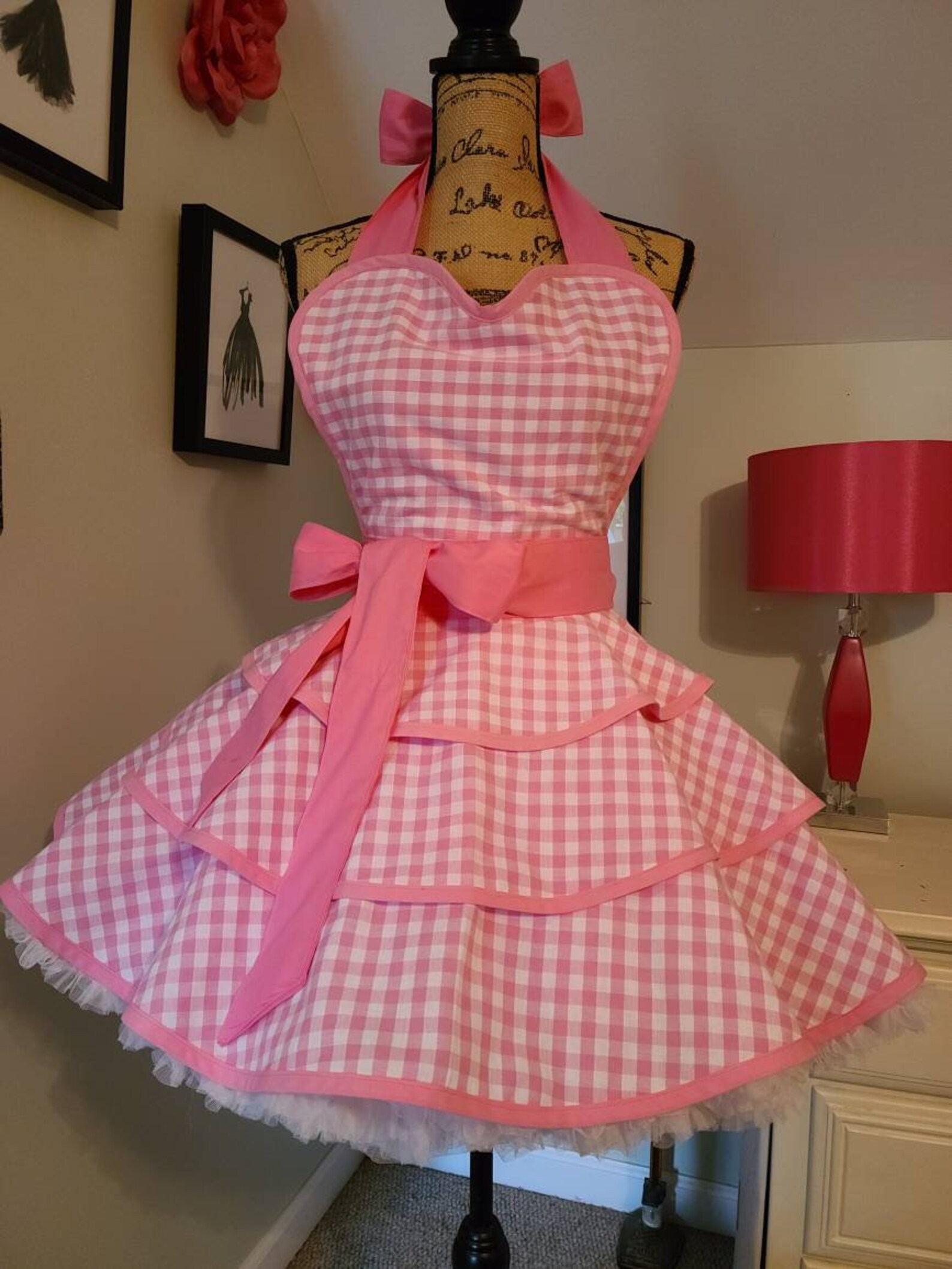 Hot Pink Gingham Check Retro Style Hostess Apron - Etsy