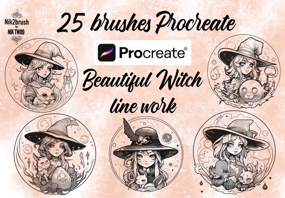 Brushes Tattoo Witch Linework, Mystical Witch Stamp, Pack of 25 Brushes ...