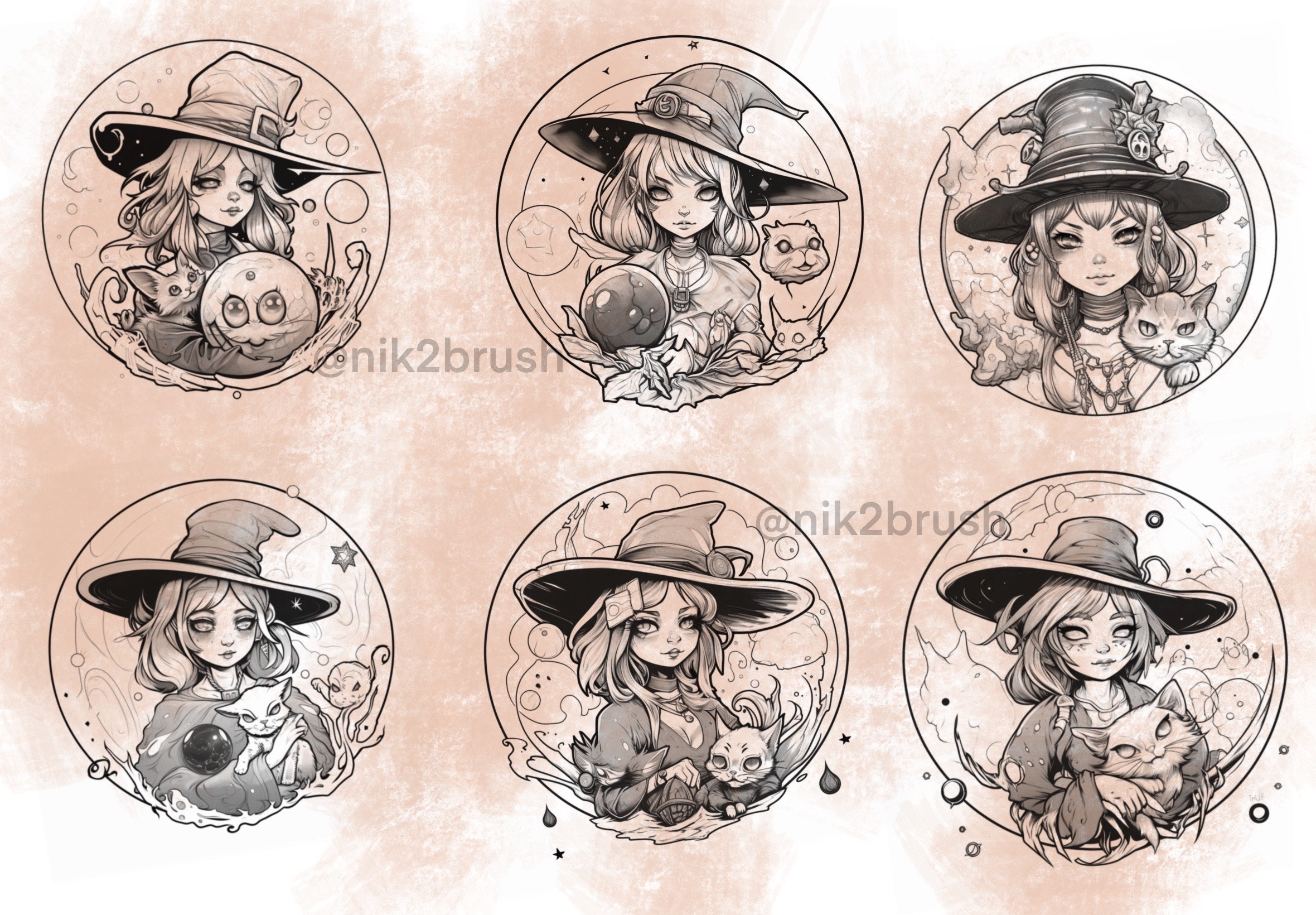 Brushes Tattoo Witch Linework, Mystical Witch Stamp, Pack of 25 Brushes ...