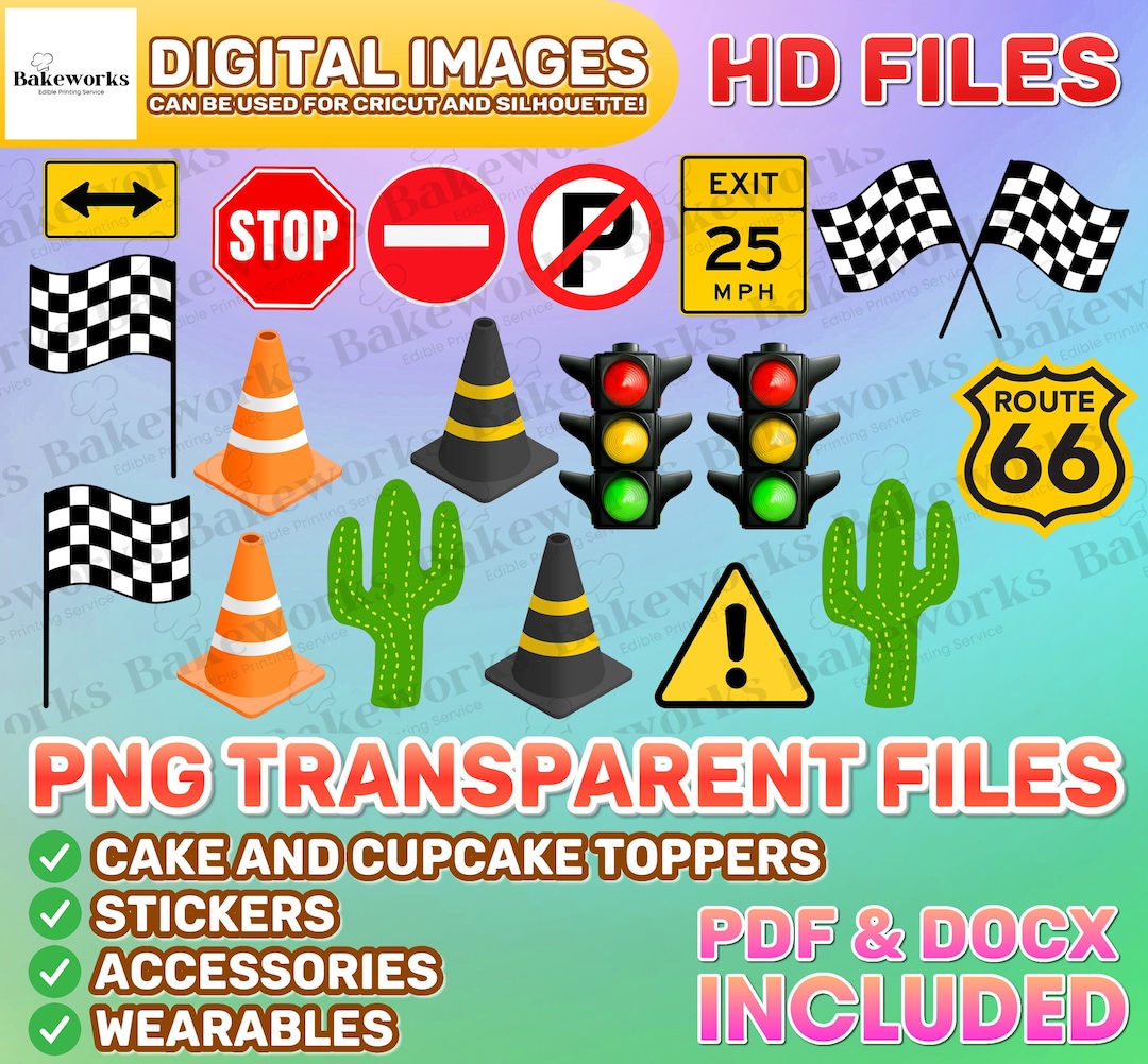 Car Signs Cake Toppers, Cars Traffic Road Signs Decoration for Cake PNG ...
