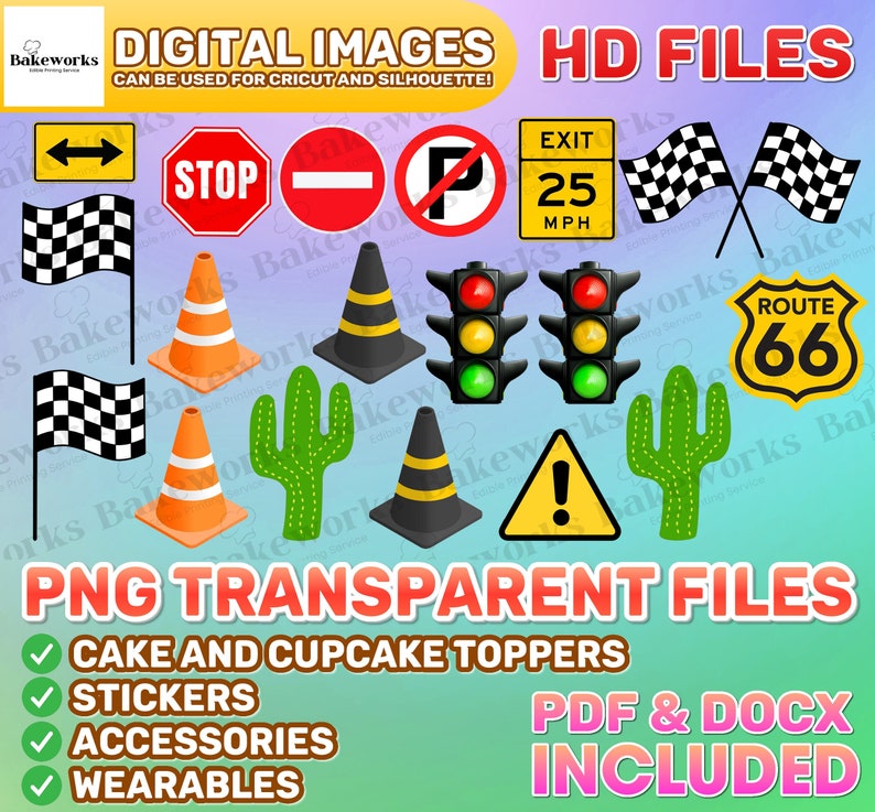 Car Signs Cake Toppers, Cars Traffic Road Signs Decoration for Cake PNG ...