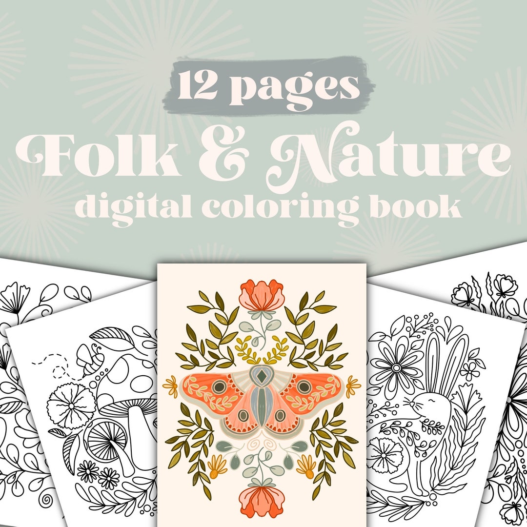 Folk & Nature Digital Coloring Book, Easy to Color Worksheets, Fantasy ...