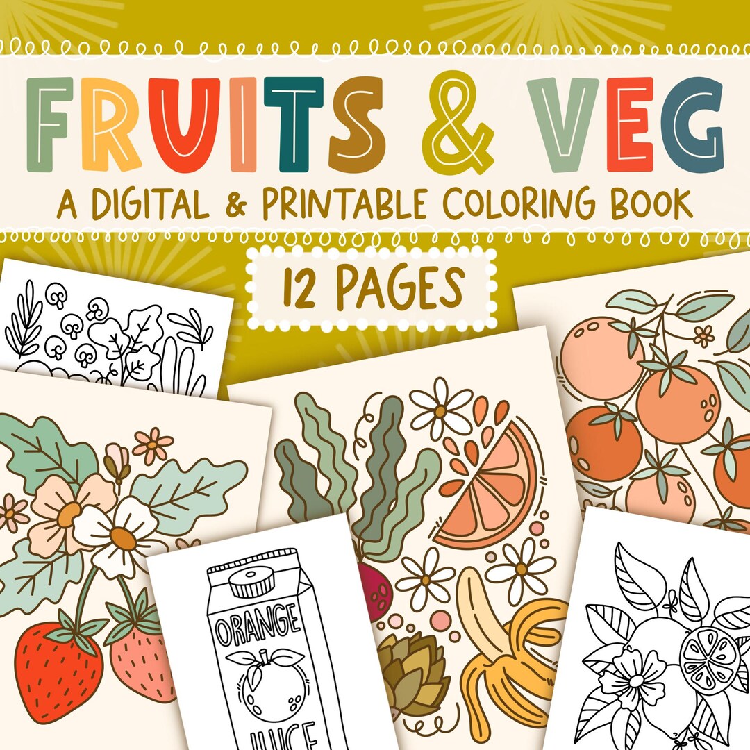 Fruits & Veg Digital Coloring Book, Boho Coloring Pages, Coloring for ...