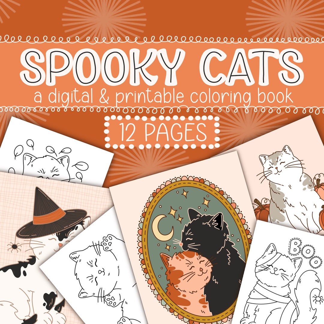 Spooky Cats Digital Coloring Book, Printable Coloring Pages for Kids ...