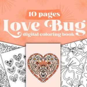 Love Bug Digital Coloring Book, Valentines Coloring Pages, Cute ...