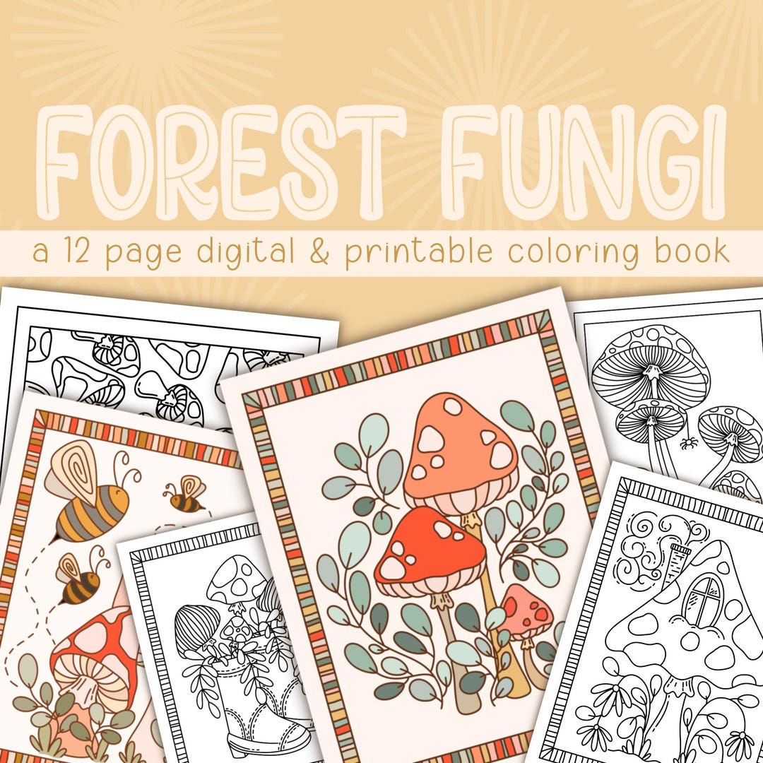 Forest Fungi Digital Coloring Book, Printable Coloring Pages for Kids ...