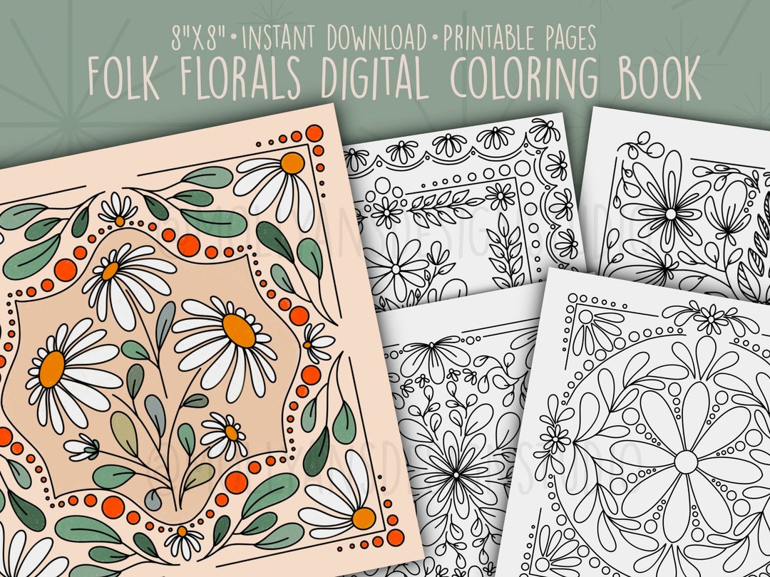 Folk Florals Digital Coloring Book, Boho Quilts Coloring Pages, Easy to ...