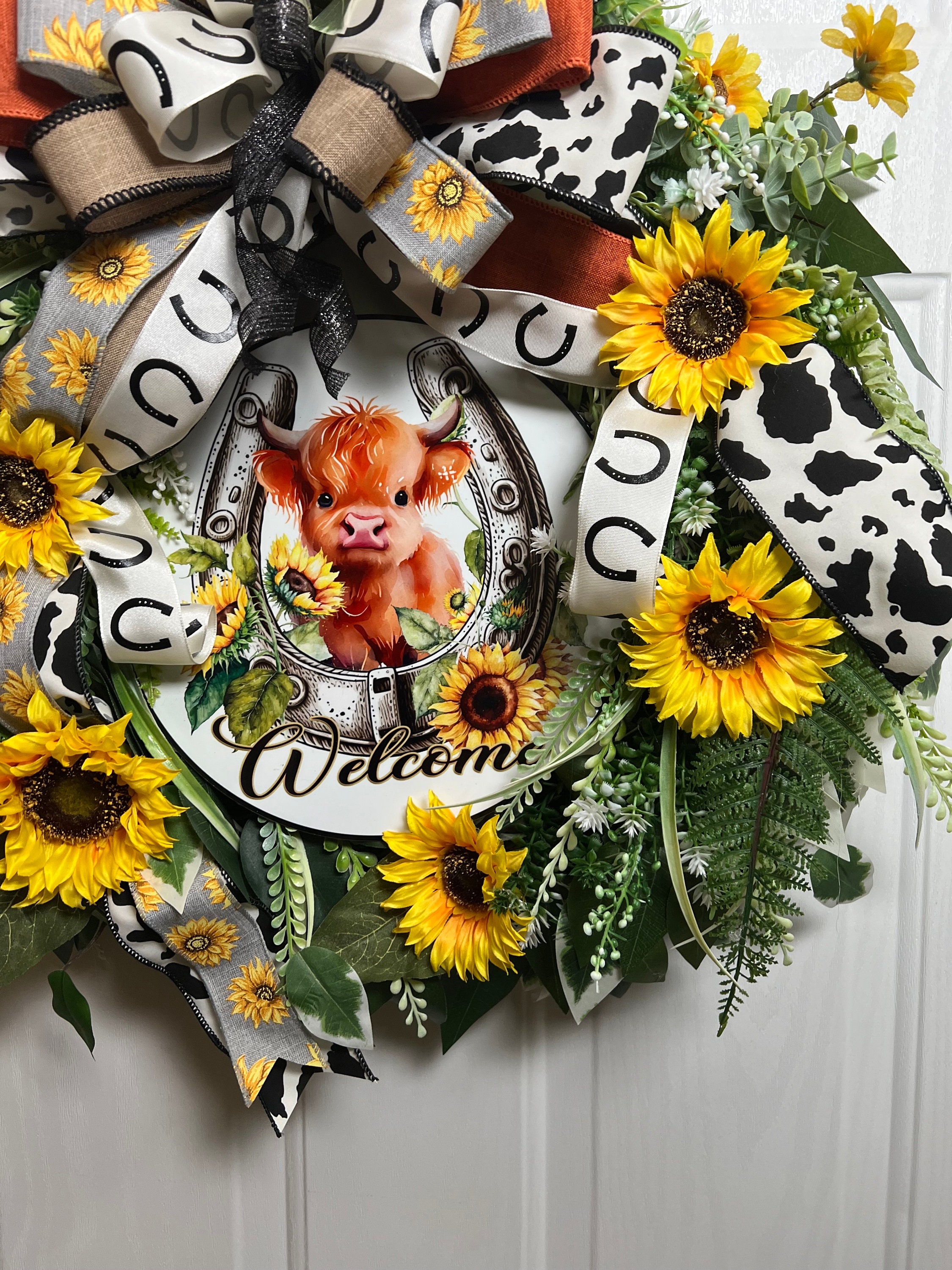 Highland Cow Wreath, Cow Print Decor, Sunflower Wreath for Front Door ...