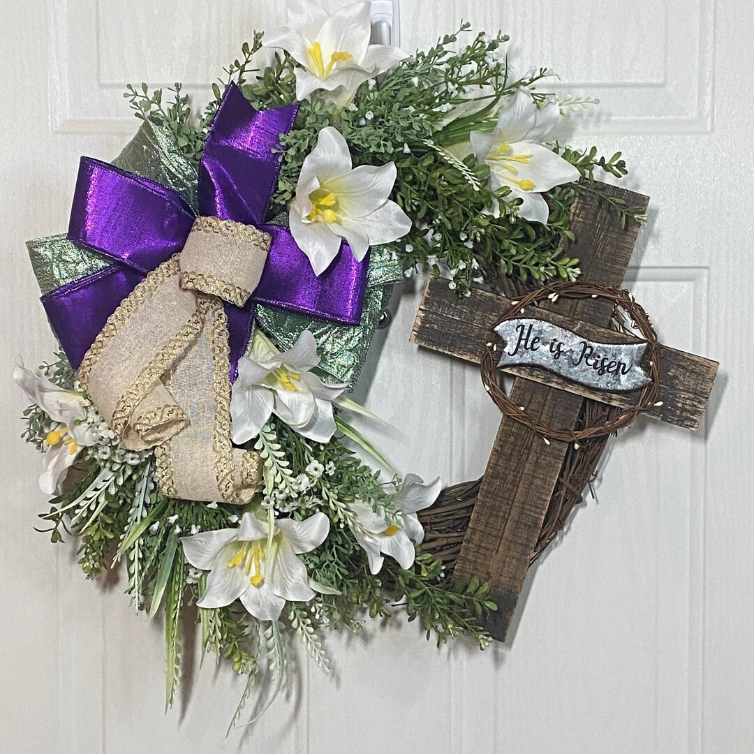He is Risen Easter Wreath With Lilies, Christian Home Decor, Rustic ...