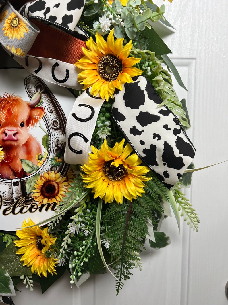 Highland Cow Wreath, Cow Print Decor, Sunflower Wreath for Front Door ...