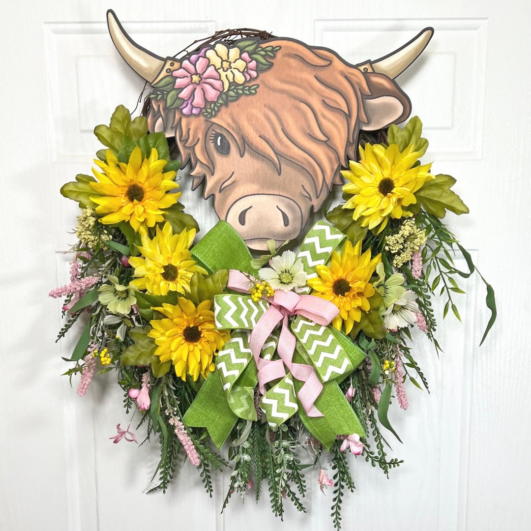 Highland Cow Wreath, Front Door Decor, Cow Wreath Decor, Farmhouse ...