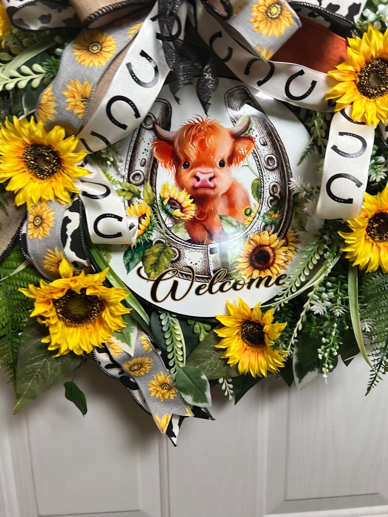 Highland Cow Wreath, Cow Print Decor, Sunflower Wreath for Front Door ...