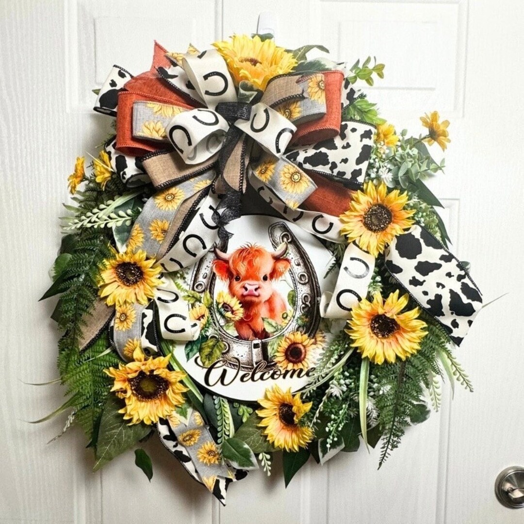 Highland Cow Wreath, Cow Print Decor, Sunflower Wreath for Front Door ...