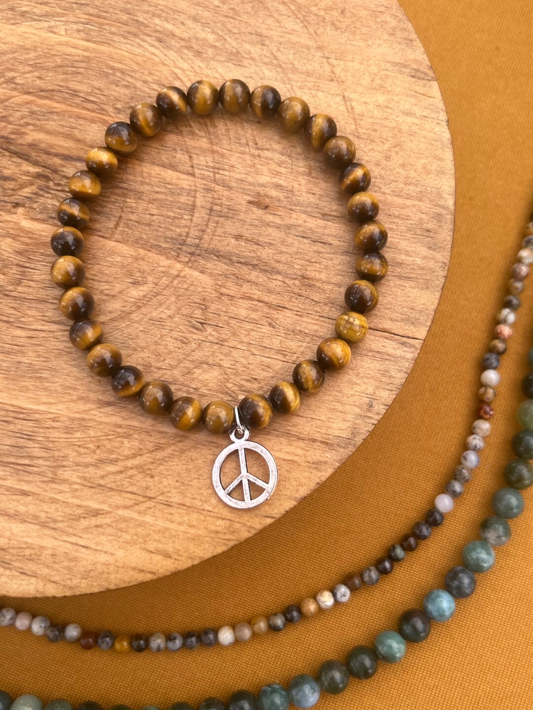 Tiger Eye Beaded Bracelet With Peace Sign – Handmade Unisex Charm - Etsy