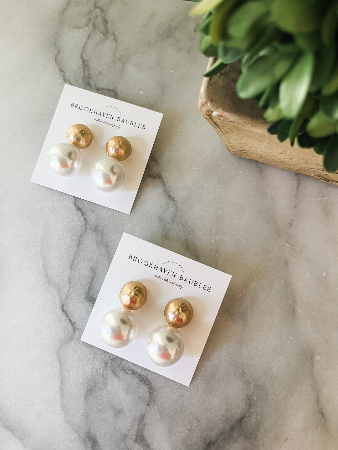 Double Ball Drop Earrings - Matte Hammered Gold and Pearl - Statement ...