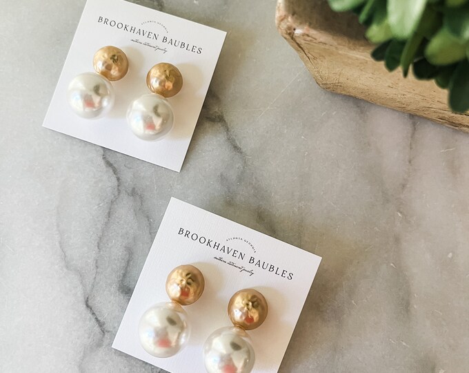 Double Ball Drop Earrings - Matte Hammered Gold and Pearl - Statement ...