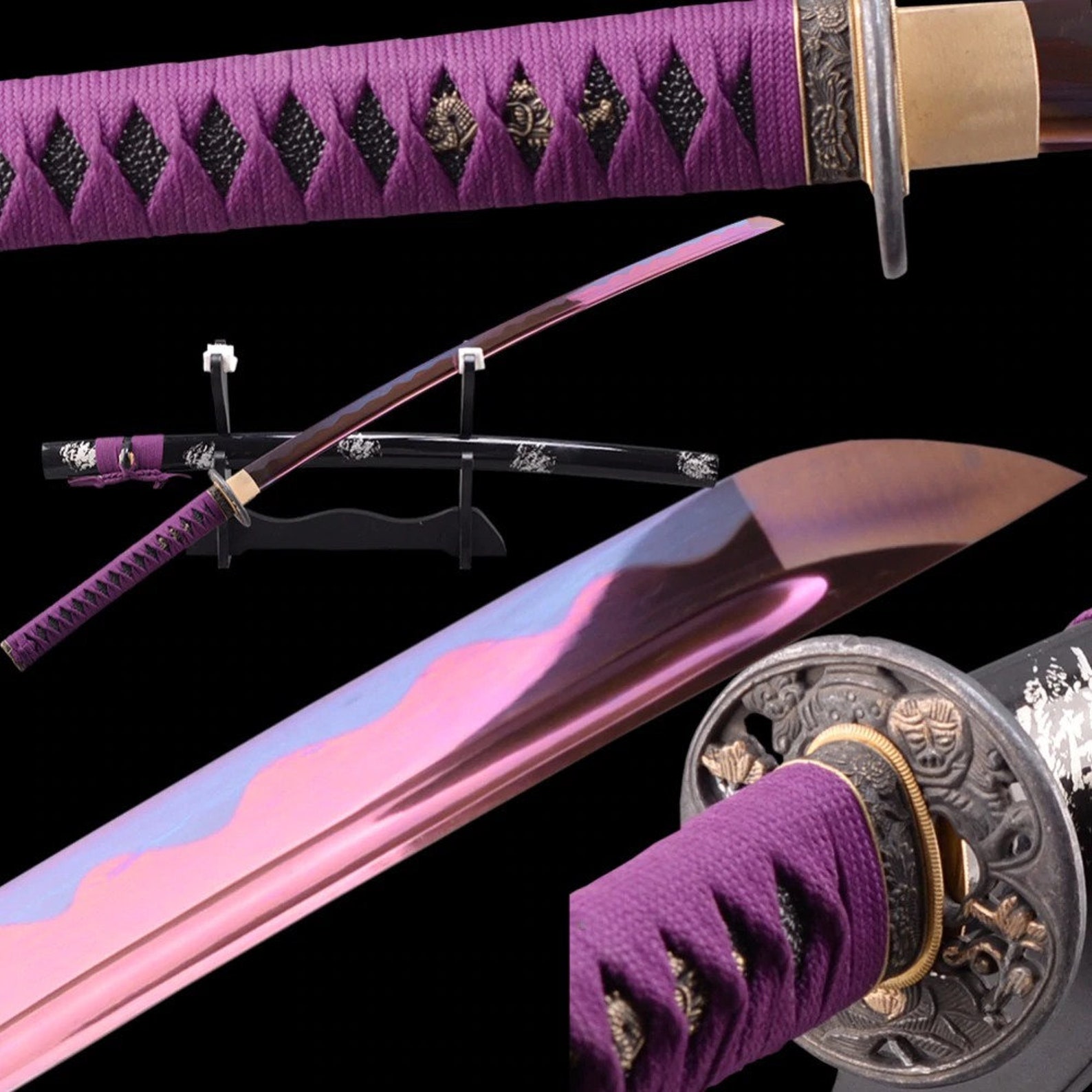 Real katana Swords Purple Japanese Samurai Katana Manganese | Etsy