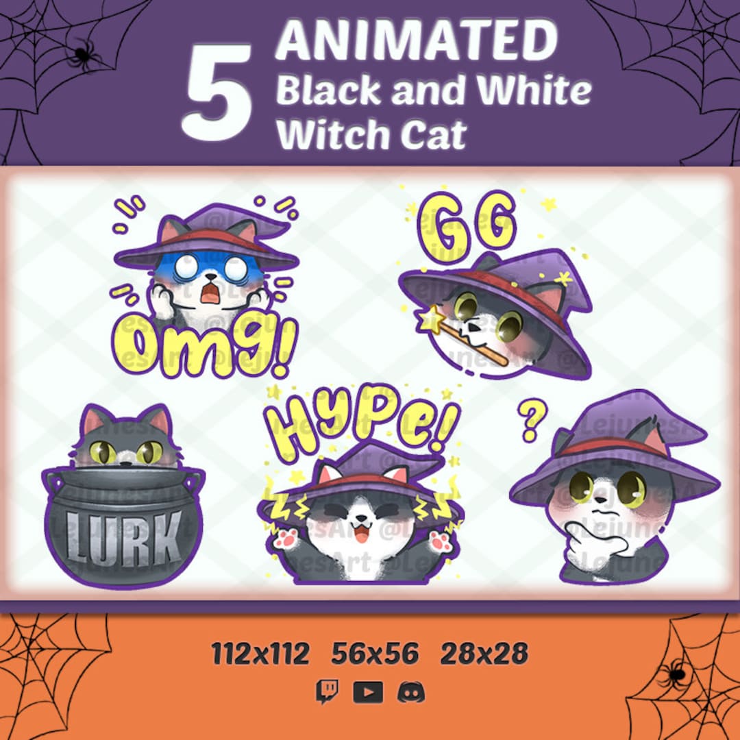 Animated Witch Cat Emotes: Black & White Twitch/discord Emote Pack ...