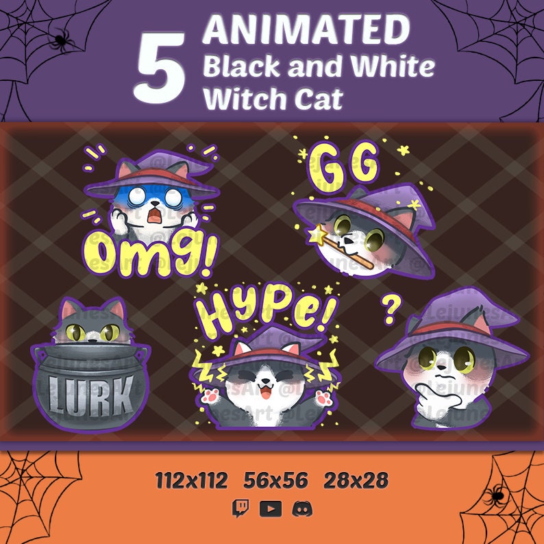 Animated Witch Cat Emotes: Black & White Twitch/discord Emote Pack ...