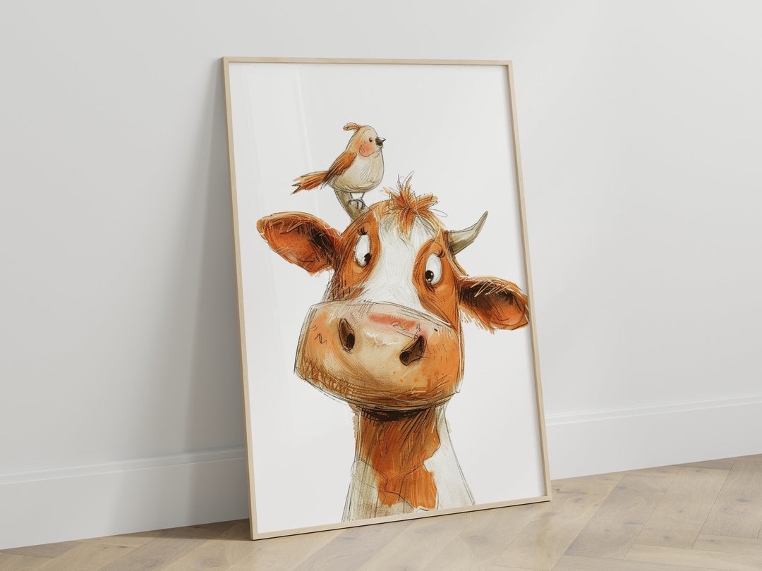 Cow With Bird Print | Cute Watercolour Brown Cow Poster | Funny Farm ...