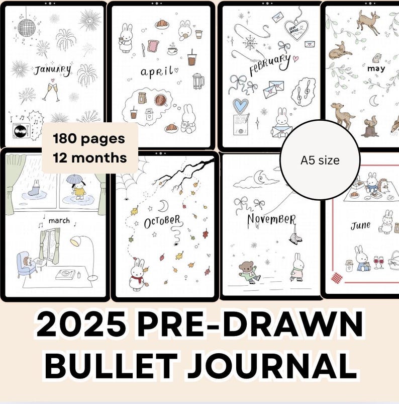 Printable Bullet Journal: Hand-drawn 2025 Yearly Planner, Monthly ...