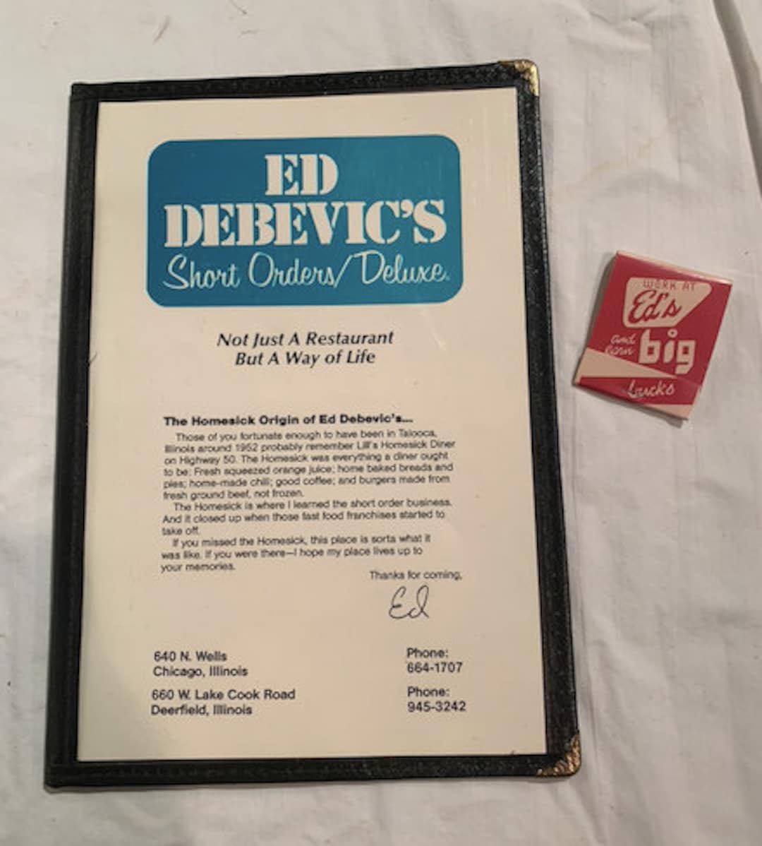 Ed Debevic's - Menu & Matchbook - 1988 - Etsy