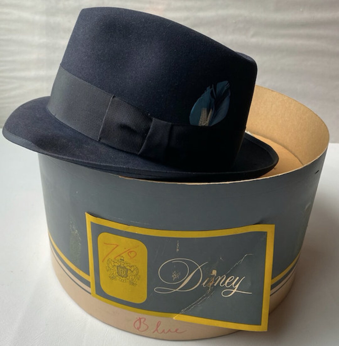 Vintage Disney New York Black Fedora Hat With Blue Feather - Size 7 1/8 ...