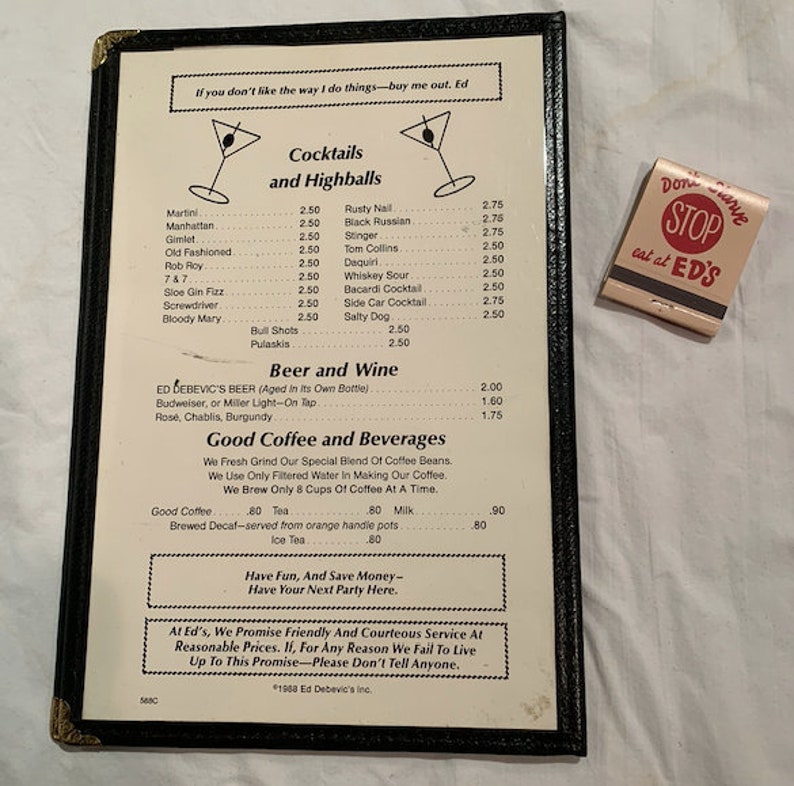 Ed Debevic's - Menu & Matchbook - 1988 - Etsy