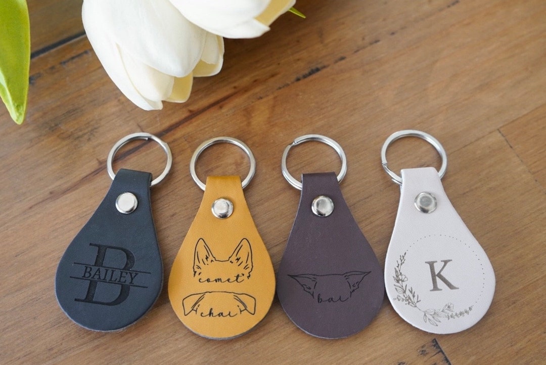 Personalized Engraved Key Ring, Custom Dog Ear Keychain, Vegan Leather ...