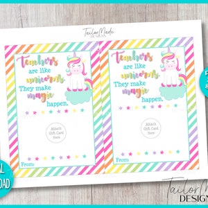 Teacher Unicorn Printable Gift Card Holder Teacher Appreciation Teacher ...