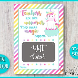 Teacher Unicorn Printable Gift Card Holder Teacher Appreciation Teacher ...