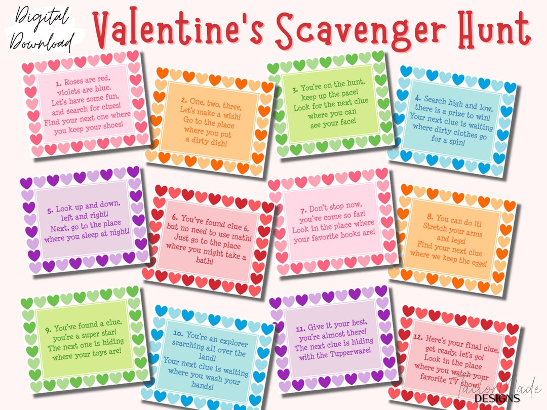 Valentines Scavenger Hunt, Valentines Treasure Hunt, Valentines Party ...