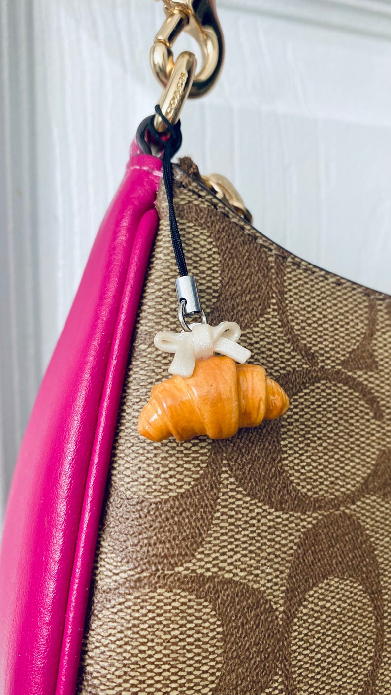 Handmade Polymer Clay Croissant Charm Coquette Bow Keychain Cute Bag ...