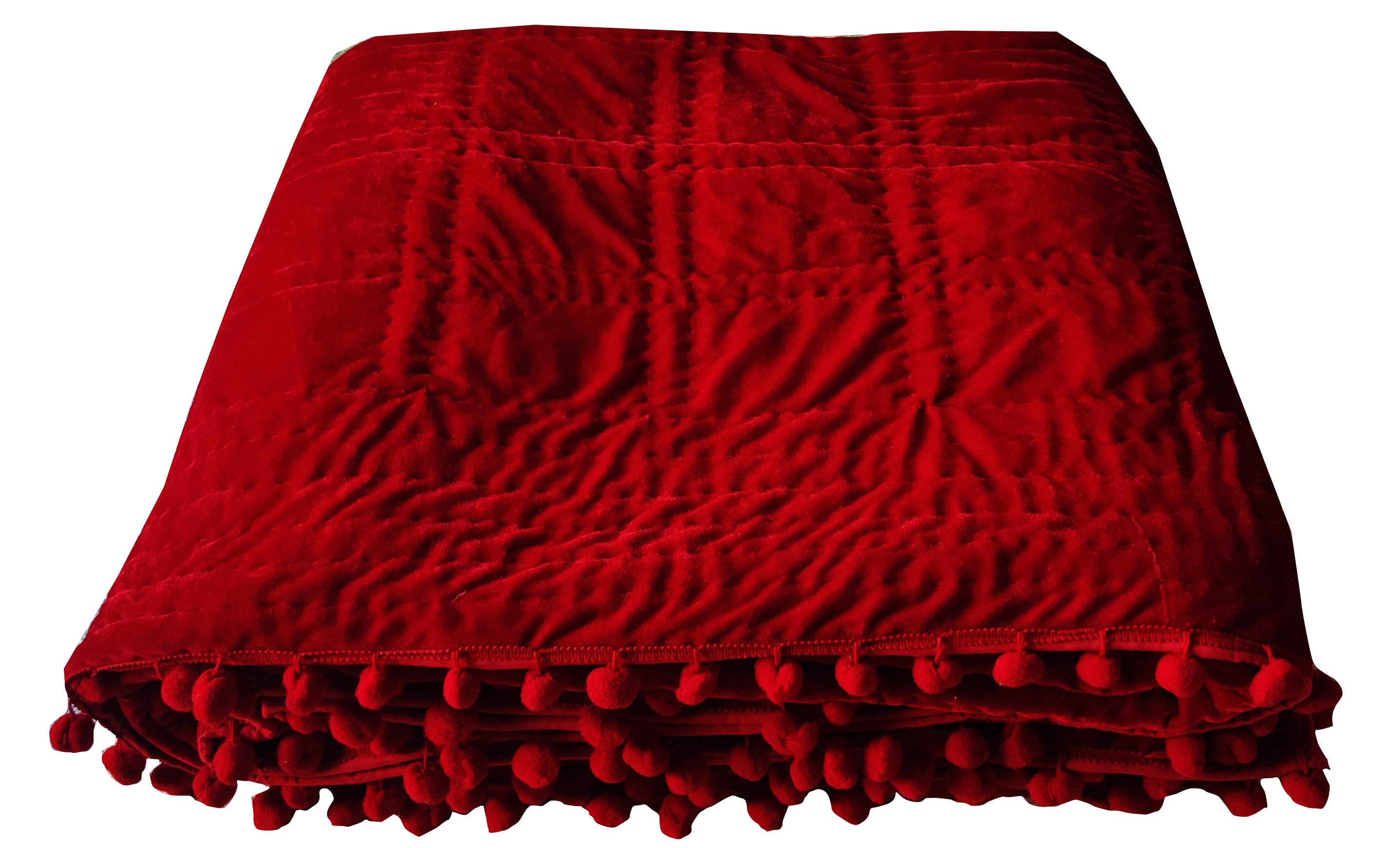 Deep Red Velvet Quilt, Pom Pom Bedspread, Luxury Bedding - Etsy