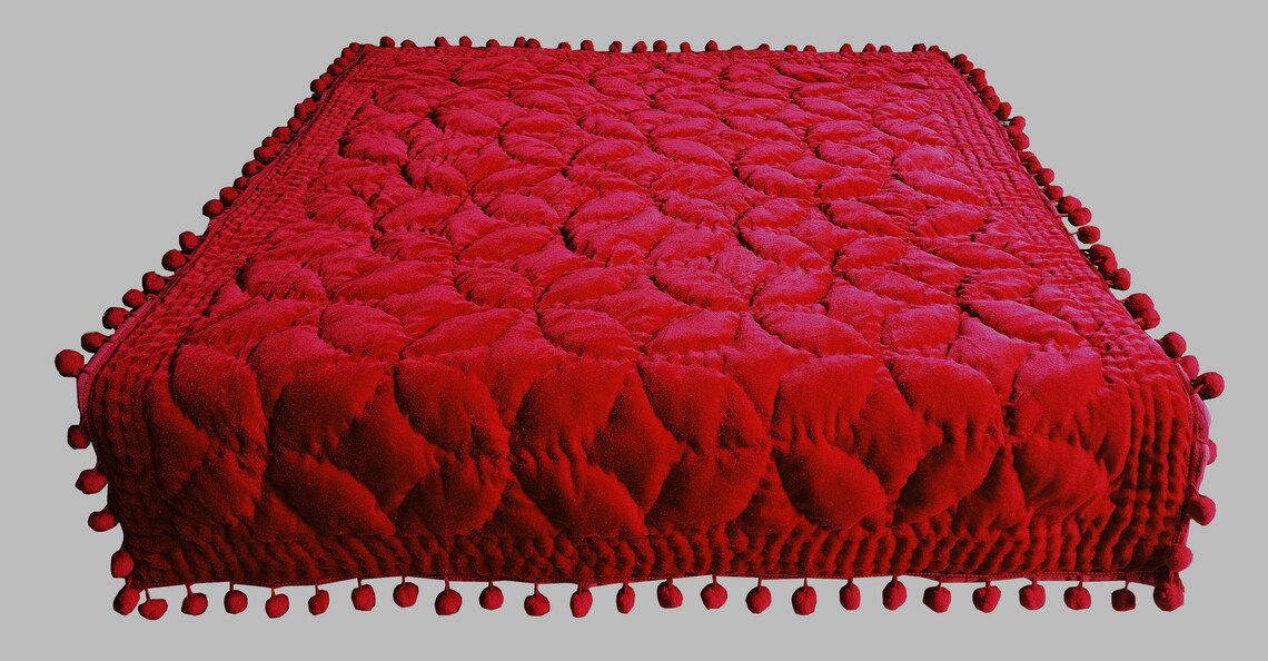 Deep Red Velvet Pompom Quilt: Hand-stitched Bedding Set - Etsy