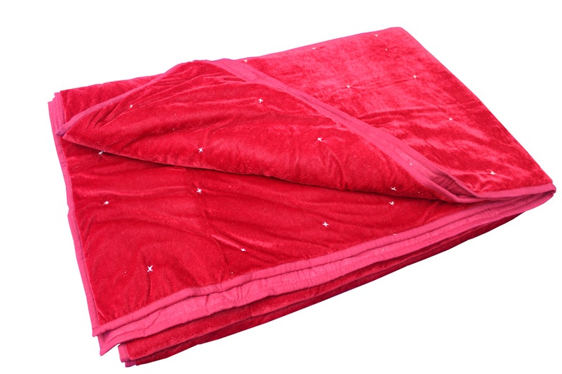 Purple Velvet Quilt: Hand-stitched Star Blanket With Pom Poms - Etsy