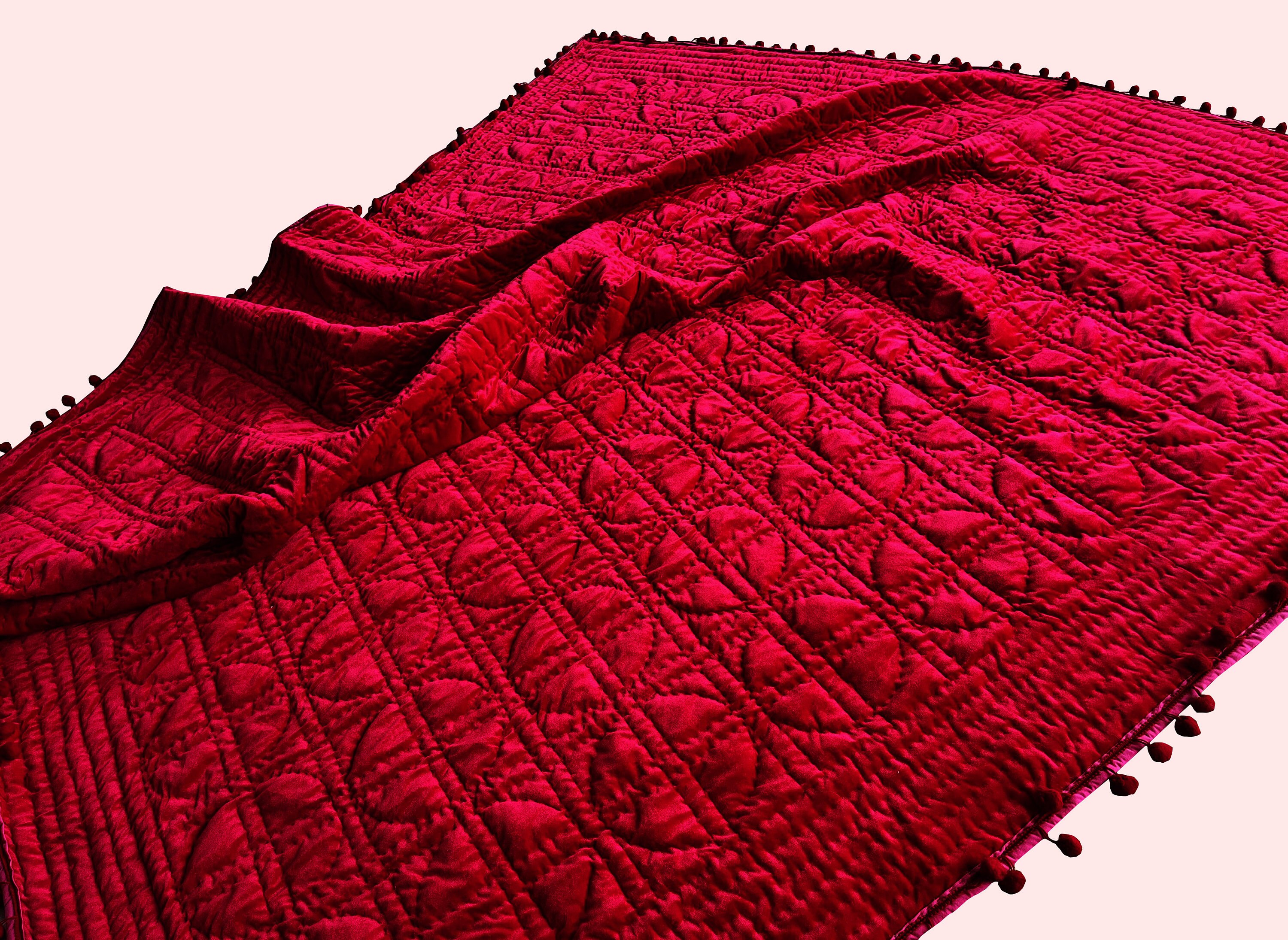 Deep Red Velvet Quilt: Hand-stitched Cotton Bedding With Pom Poms - Etsy