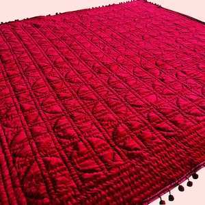 Deep Red Velvet Quilt: Hand-stitched Cotton Bedding With Pom Poms - Etsy