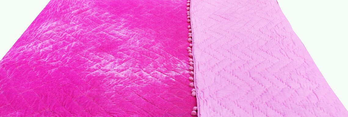 Baby Pink Velvet Quilt, Hand-stitched Cotton Bedding, Pom Pom Decor - Etsy