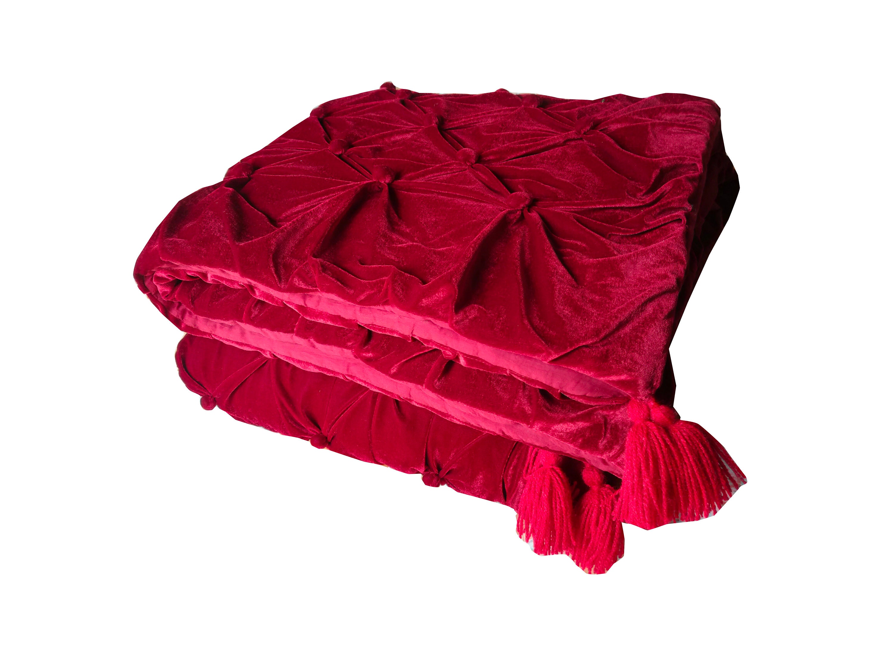 Deep Red Velvet Pompom Quilt Comforter Lap Quilt Blanket - Etsy UK