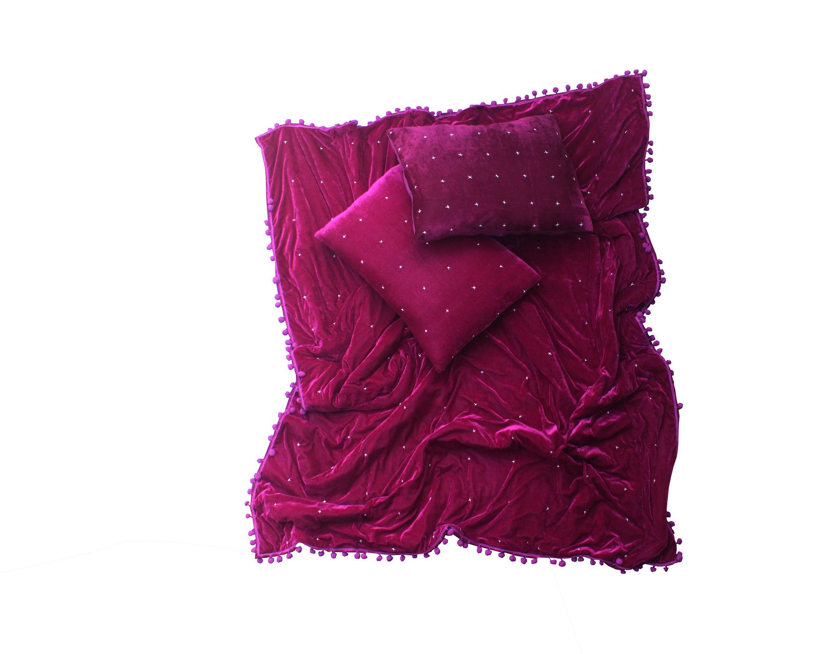 Purple Velvet Quilt: Hand-stitched Star Blanket With Pom Poms - Etsy