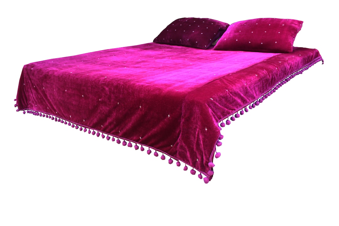 Purple Velvet Quilt: Hand-stitched Star Blanket With Pom Poms - Etsy