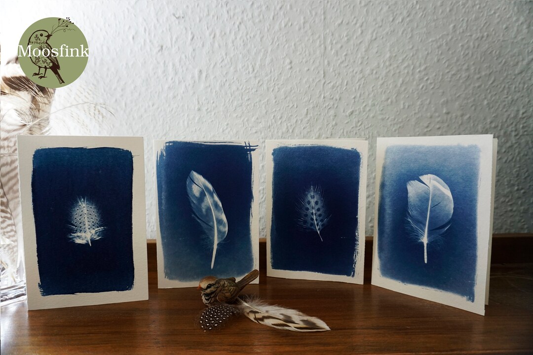 Set of 4 Postcard Cards Feathers Duck Guinea Fowl Cyanotype Blue Print ...