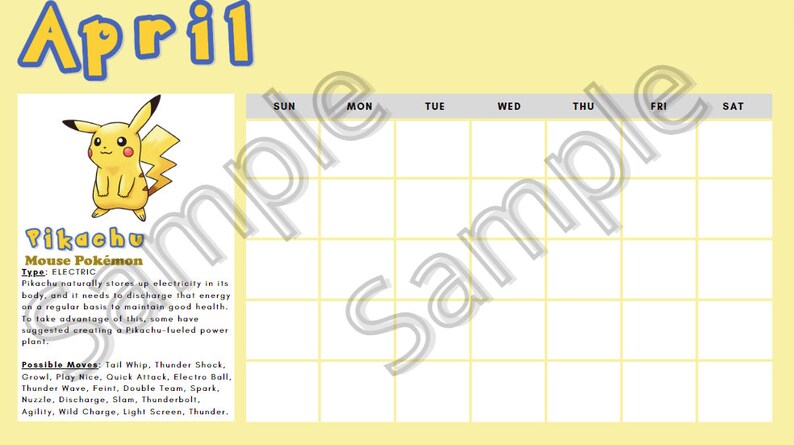 Printable Pokemon Calendar | Printable Kids Calendar | Pikachu | PDF ...