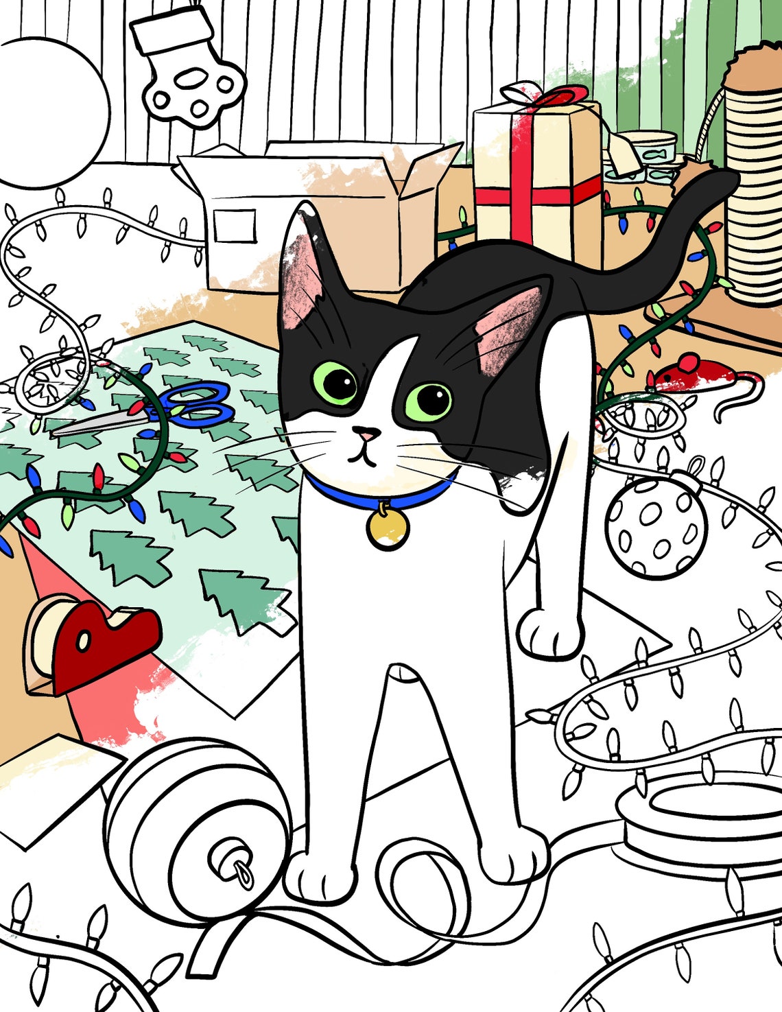 Coloring Page Christmas Shoto the Cat, Cute Cat Coloring Page - Etsy