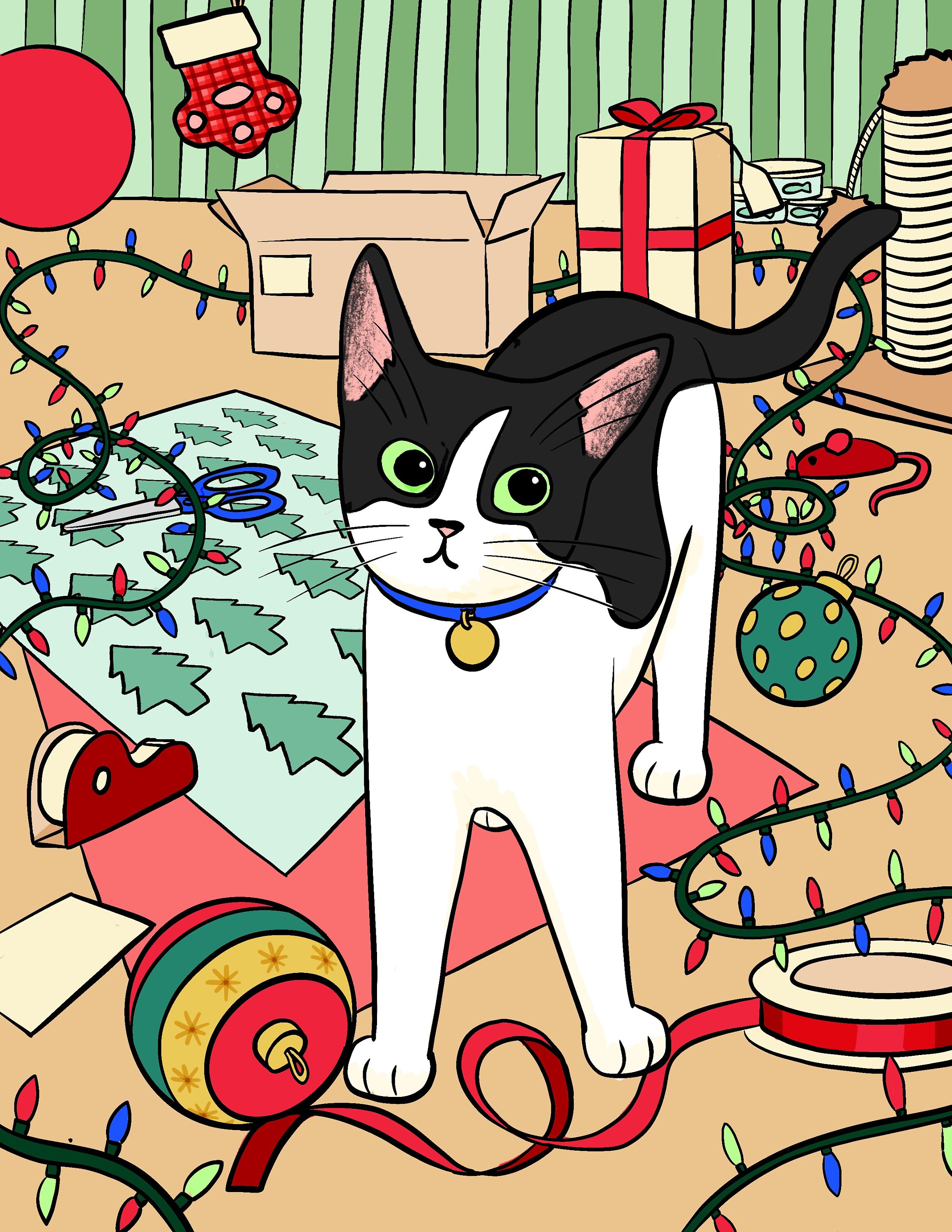Coloring Page Christmas Shoto the Cat, Cute Cat Coloring Page - Etsy