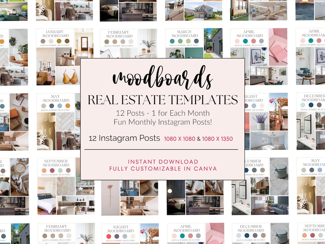 Real Estate Instagram Moodboard Canva Templates: Monthly Posts, Agent ...