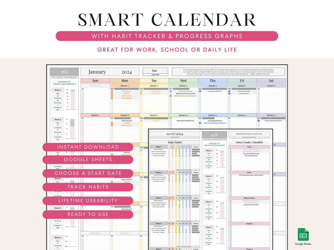 Monthly Smart Calendar With Habit Tracker Google Sheets Spreadsheet ...