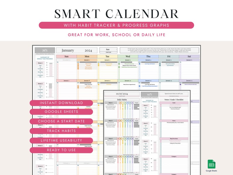 Monthly Smart Calendar With Habit Tracker Google Sheets Spreadsheet ...